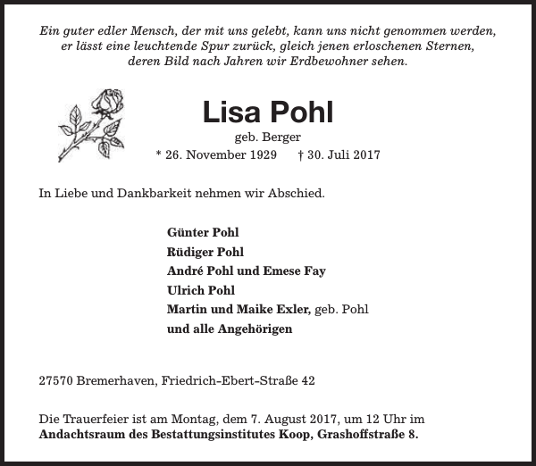 Lisa Pohl: Gedenken : Nordsee-Zeitung