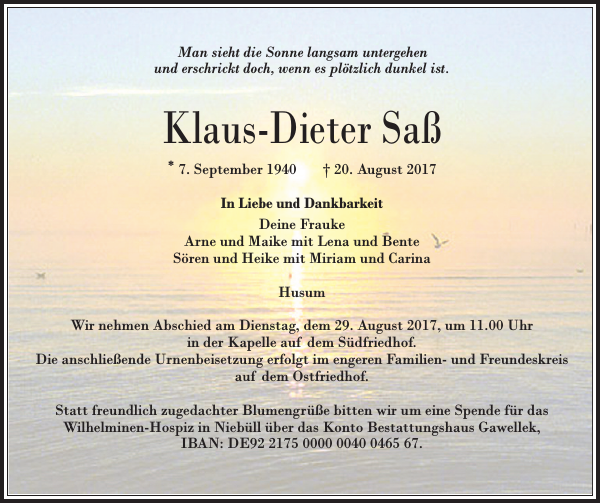 Klaus-Dieter Saß : Danksagung : Husumer Nachrichten Klaus-Dieter Saß : Danksagung : Husumer Nachrichten