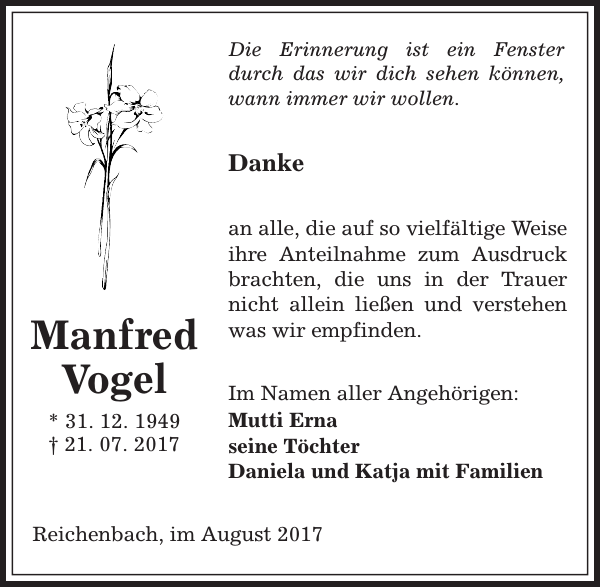 Manfred Vogel : Danksagung : Sächsische Zeitung