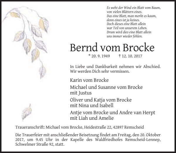 Bernd vom Brocke: Traueranzeige : Remscheider General-Anzeiger