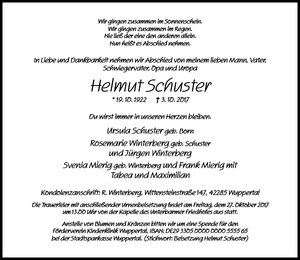 Helmut Schuster : Traueranzeige : Westdeutsche Zeitung