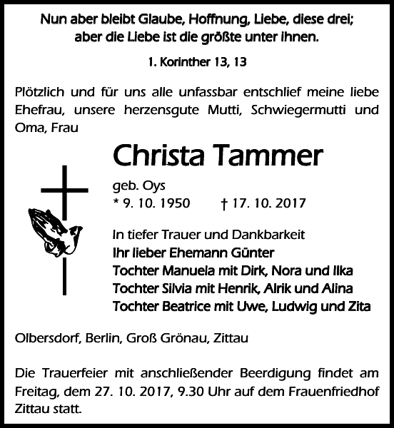 Christa Tammer : Traueranzeige : Sächsische Zeitung
