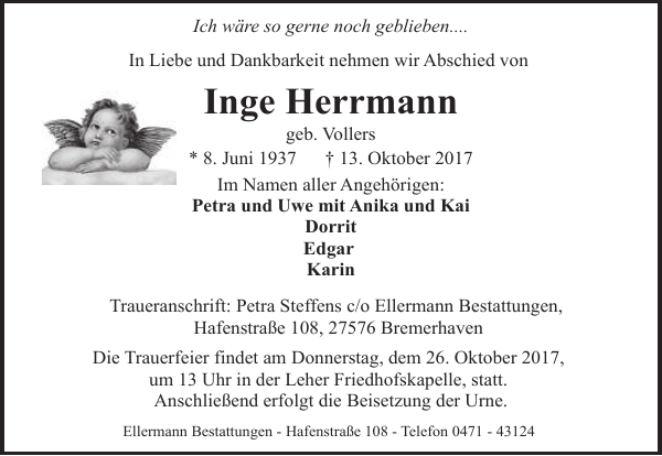 Inge Herrmann: Gedenken : Nordsee-Zeitung