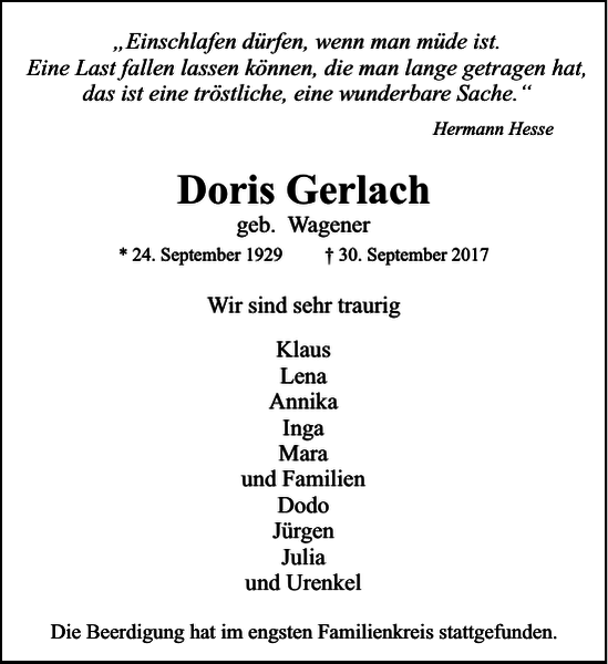 Doris Gerlach: Traueranzeige : Westdeutsche Zeitung