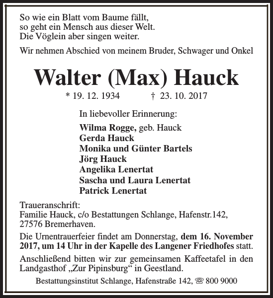 Walter (Max) Hauck: Gedenken : Nordsee-Zeitung