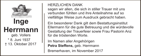 Inge Herrmann: Danksagung : Nordsee-Zeitung