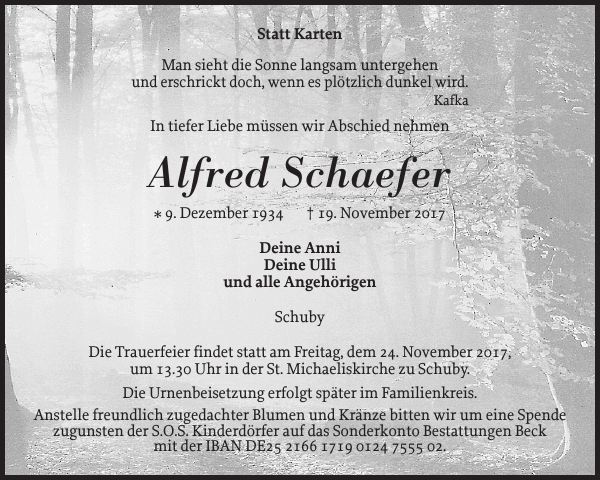 Alfred Schaefer: Traueranzeige : Schleswiger Nachrichten