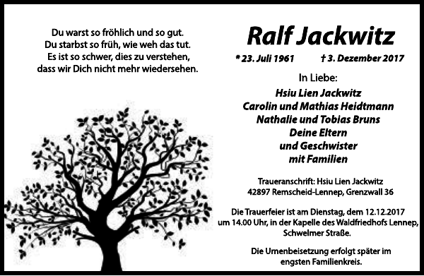 TA Ralf Jackwitz: Traueranzeige : Remscheider General-Anzeiger