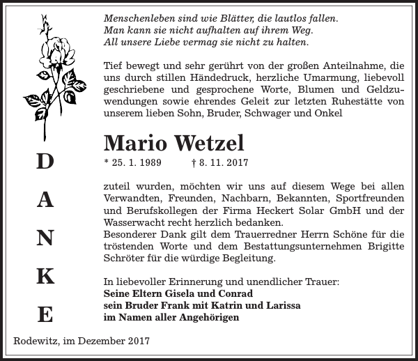 Mario Wetzel: Danksagung : Sächsische Zeitung