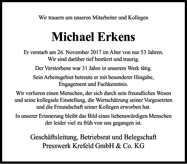 Michael Erkens: Nachruf : Westdeutsche Zeitung