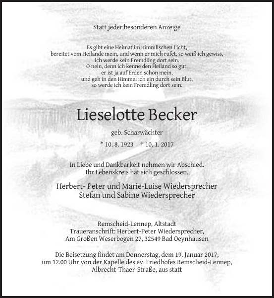 Lieselotte Becker : Traueranzeige : Remscheider General-Anzeiger