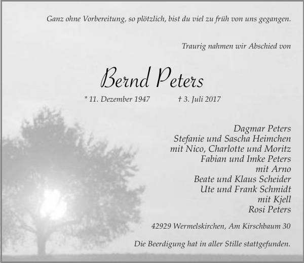 Bernd Peters: Traueranzeige : Remscheider General-Anzeiger