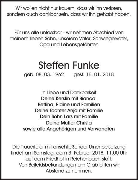 Steffen Funke: Traueranzeige : Sächsische Zeitung