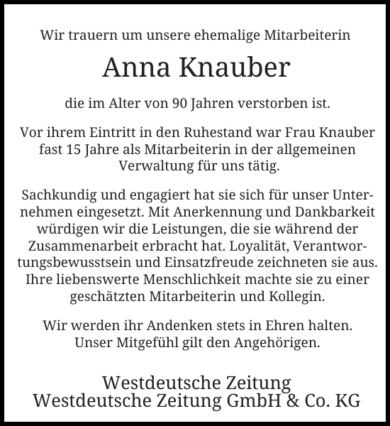 Anna Knauber: Nachruf : Westdeutsche Zeitung