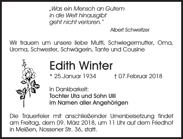 Edith Winter : Traueranzeige : Sächsische Zeitung