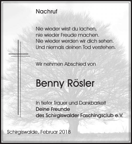 Benedikt Rösler: Traueranzeige : Sächsische Zeitung