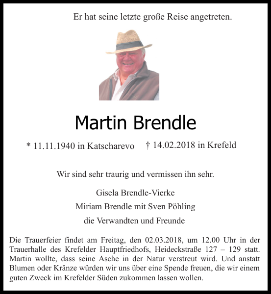 Martin Brendle: Traueranzeige : Westdeutsche Zeitung
