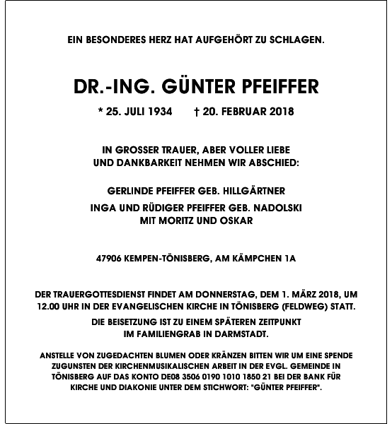 Dr.-Ing. Günter Pfeiffer: Traueranzeige : Westdeutsche Zeitung