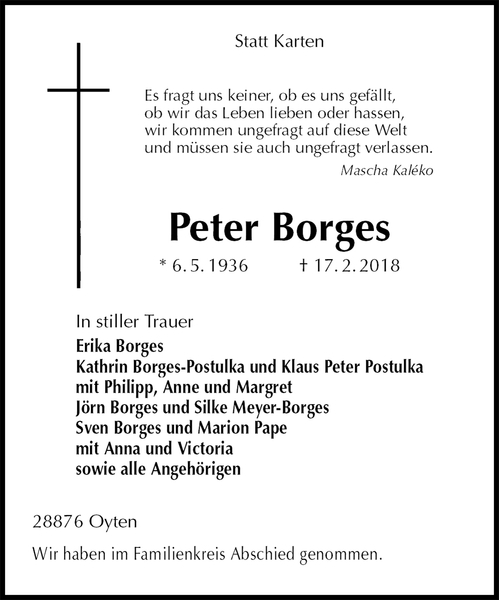 Peter Borges: Traueranzeige : Stader Tageblatt