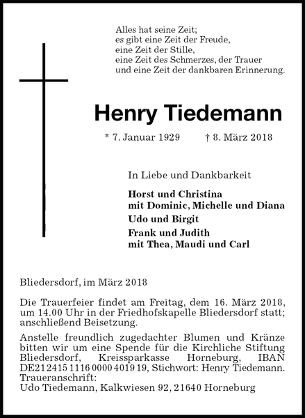 Henry Tiedemann : Traueranzeige : Stader Tageblatt