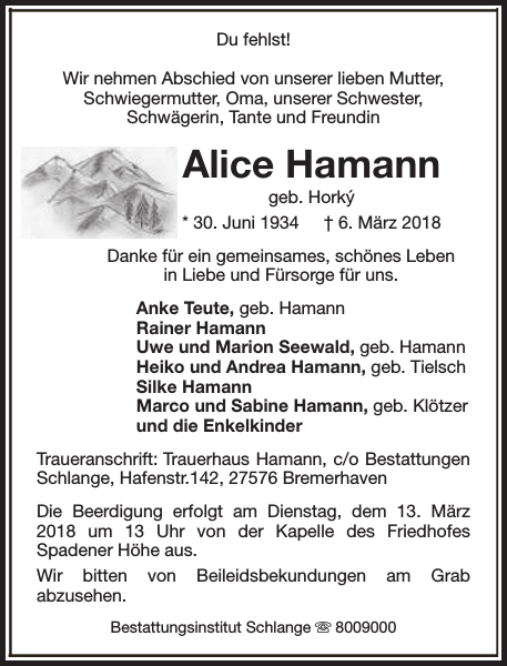 Alice Hamann: Gedenken : Nordsee-Zeitung