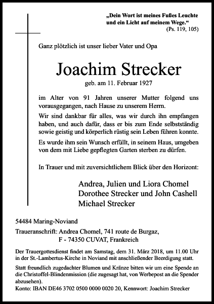 Joachim Strecker: Traueranzeige : Westdeutsche Zeitung