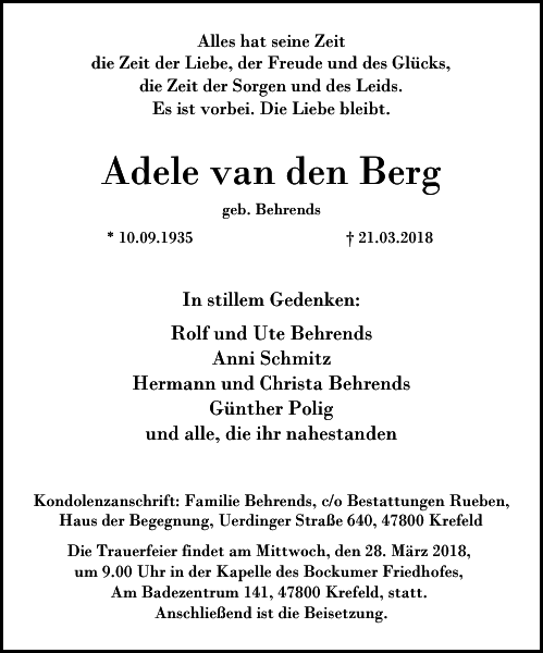 Adele van den Berg: Traueranzeige : Westdeutsche Zeitung