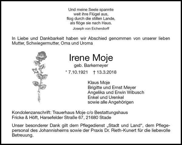 Irene Moje: Traueranzeige : Stader Tageblatt