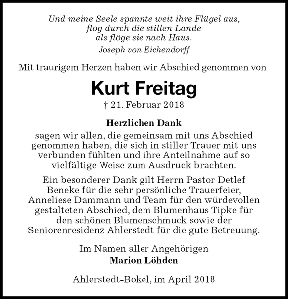 Kurt Freitag: Danksagung : Stader Tageblatt