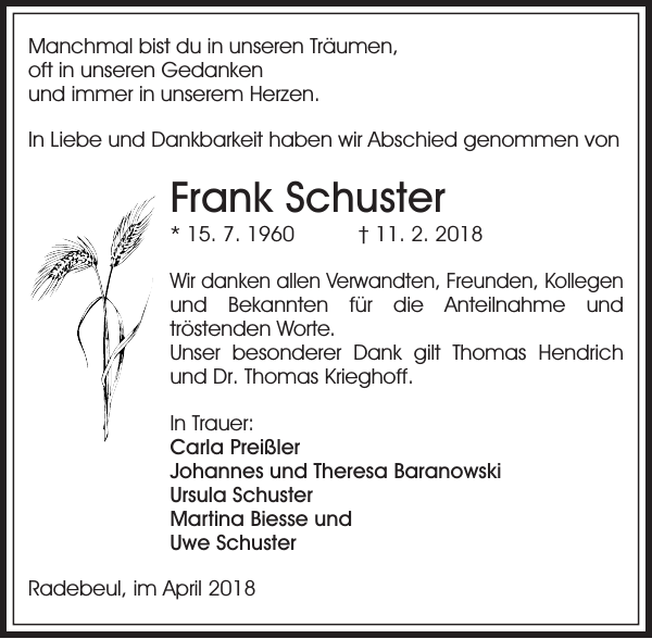 Frank Schuster: Traueranzeige : Sächsische Zeitung