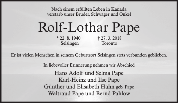 Rolf-Lothar Pape: Traueranzeige : Bremervörder Zeitung
