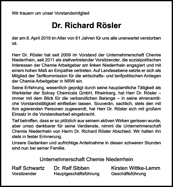 Dr. Richard Rösler: Nachruf : Westdeutsche Zeitung