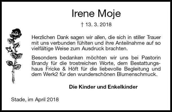 Irene Moje: Danksagung : Stader Tageblatt