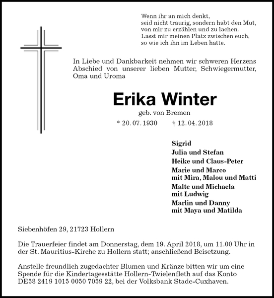 Erika Winter: Traueranzeige : Stader Tageblatt