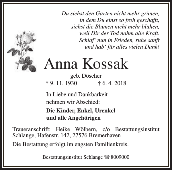 Anna Kossak: Gedenken : Nordsee-Zeitung