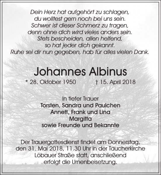 Johannes Albinus : Traueranzeige : Sächsische Zeitung