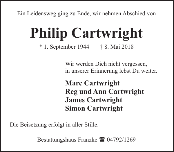 Philip Cartwright: Gedenken : Nordsee-Zeitung