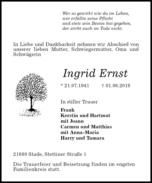 Ingrid Ernst: Traueranzeige : Stader Tageblatt