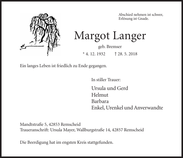 Margot Langer: Traueranzeige : Remscheider General-Anzeiger