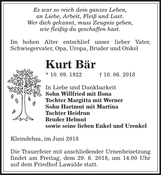 Kurt Bär : Traueranzeige : Sächsische Zeitung