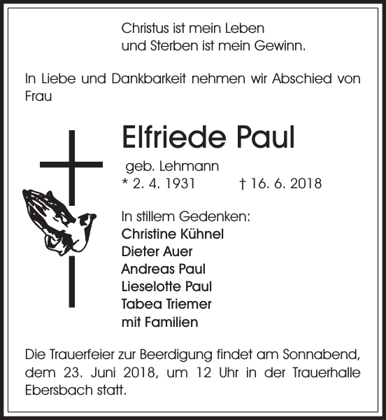Elfriede Paul : Traueranzeige : Sächsische Zeitung