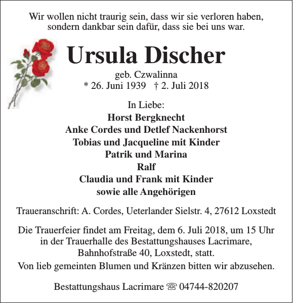 Ursula Discher : Gedenken : Nordsee-Zeitung