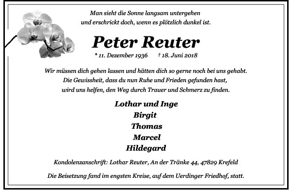 Peter Reuter: Traueranzeige : Westdeutsche Zeitung