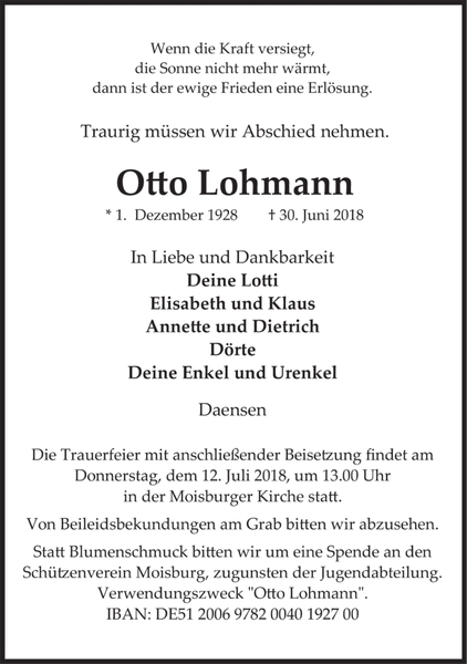 Otto Lohmann: Traueranzeige : Stader Tageblatt