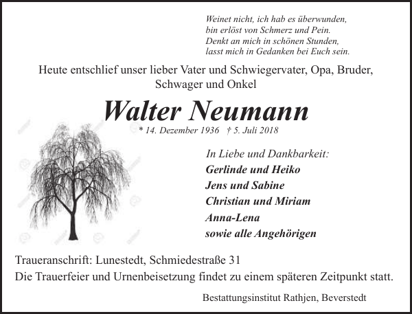 Walter Neumann: Gedenken : Nordsee-Zeitung
