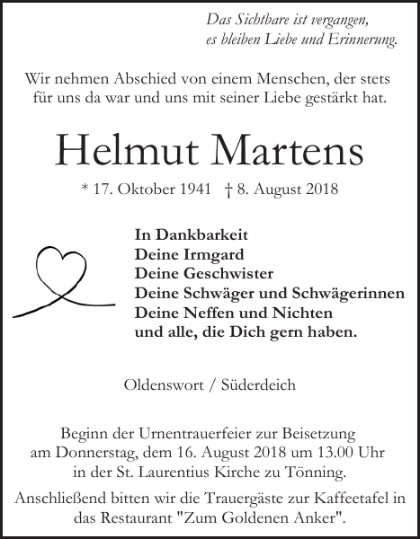 Helmut Martens: Traueranzeige : Husumer Nachrichten