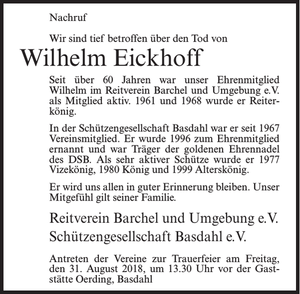 Wilhelm Eickhoff: Nachruf : Bremervörder Zeitung