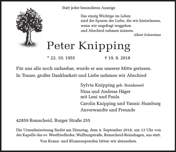 Peter Knipping: Traueranzeige : Remscheider General-Anzeiger