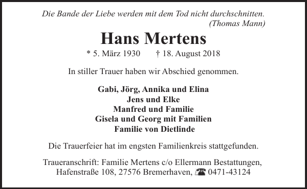 Hans Mertens: Gedenken : Nordsee-Zeitung