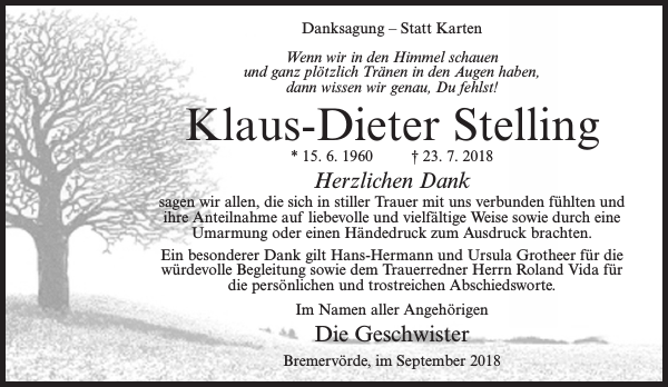 Klaus-Dieter Stelling: Danksagung : Bremervörder Zeitung Klaus-Dieter Stelling: Danksagung : Bremervörder Zeitung